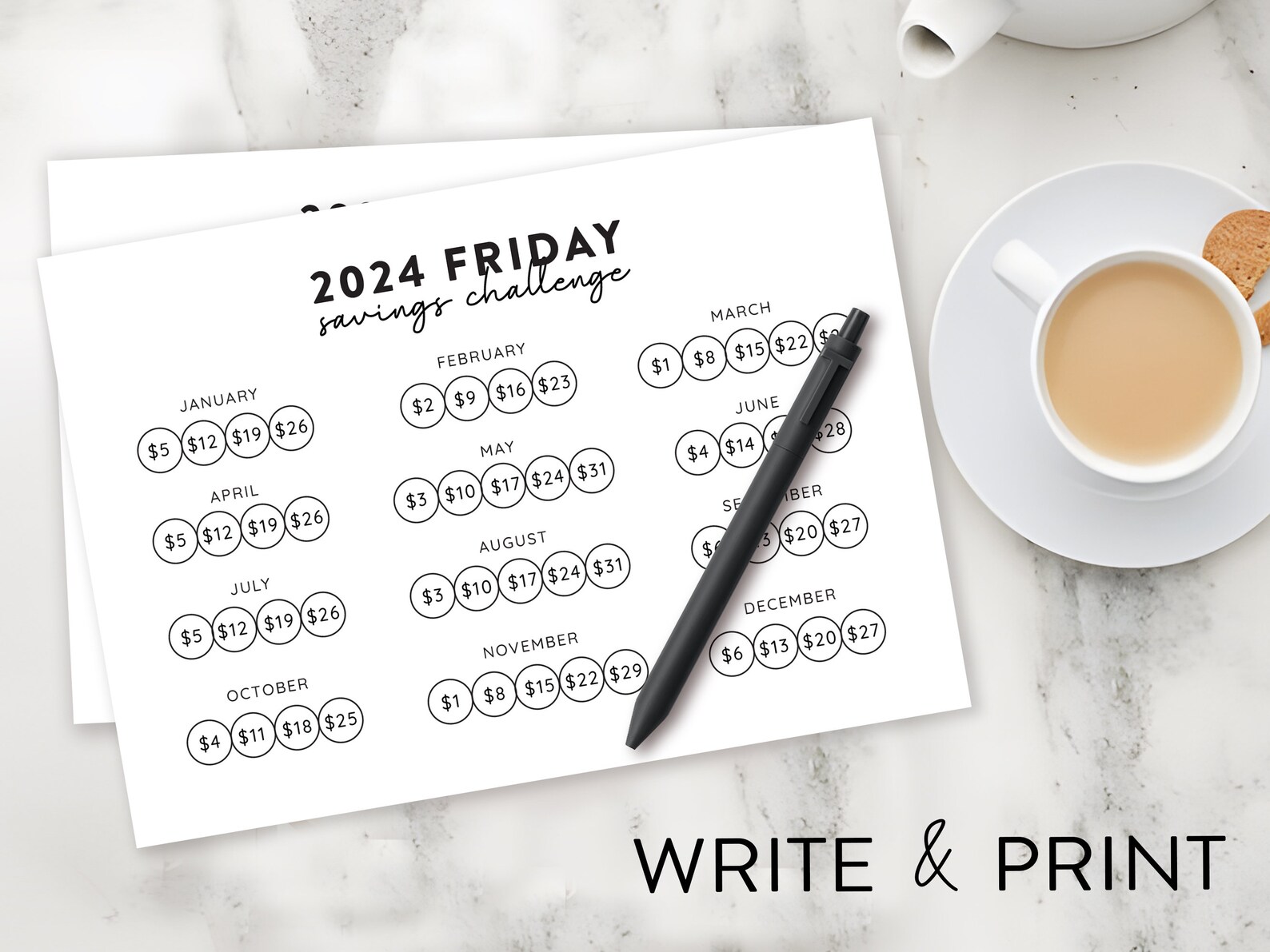 2024 Friday Savings Challenge Printable Landscape, Save 800 Challenge ...