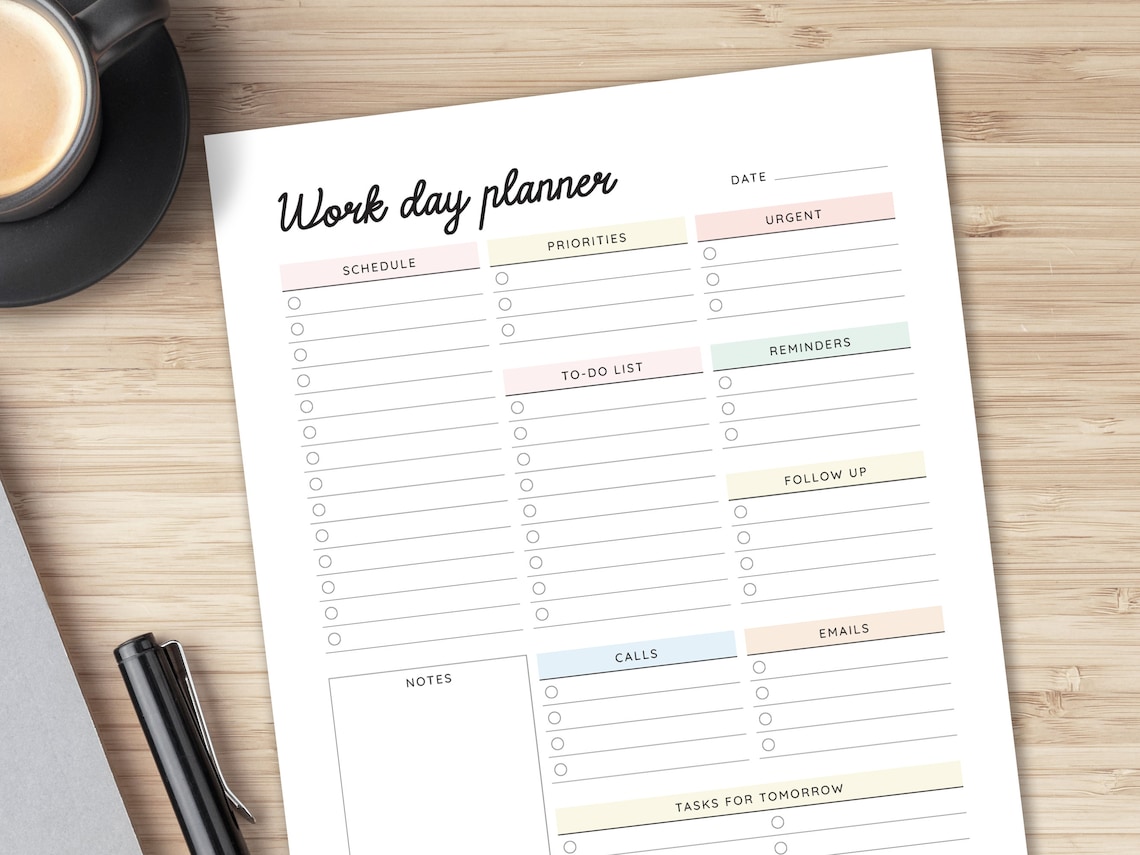 Work Day Planner Printable Work Planner Template, Work Day Organizer Printable Daily Planner ...