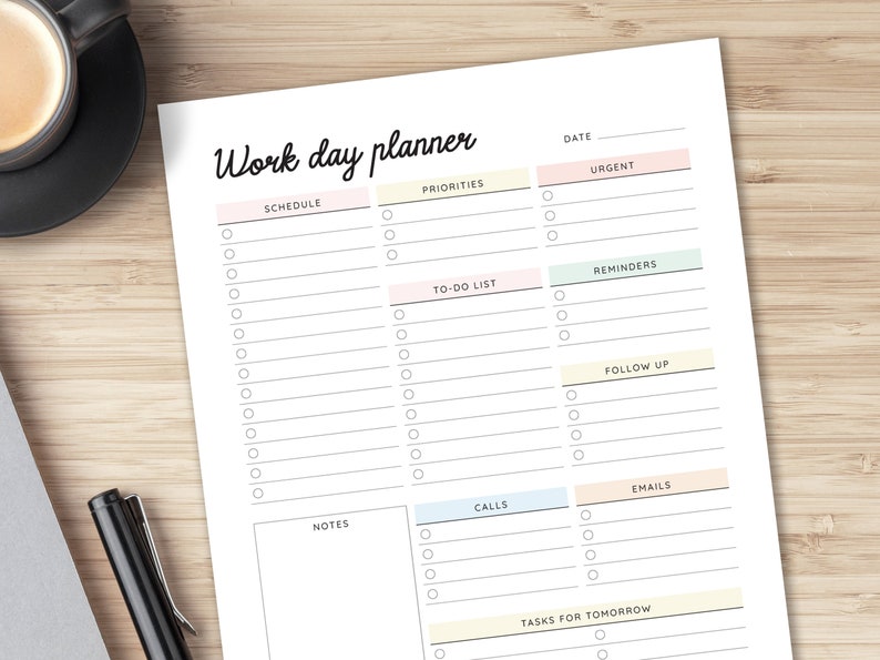 Work Day Planner Printable Work Planner Template, Work Day Organizer ...
