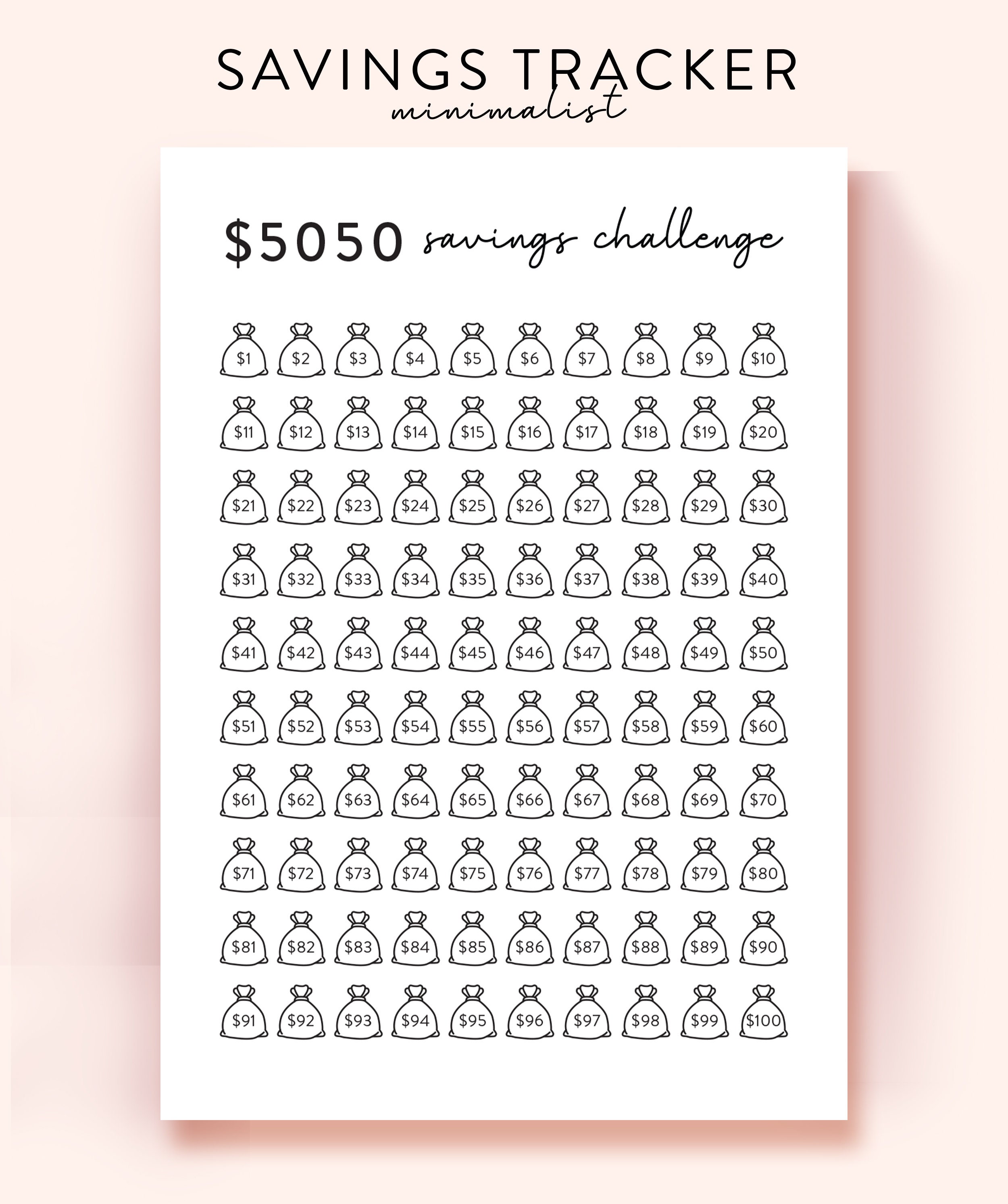 5050 Savings Challenge Printable, 100 Envelope Challenge Printable ...