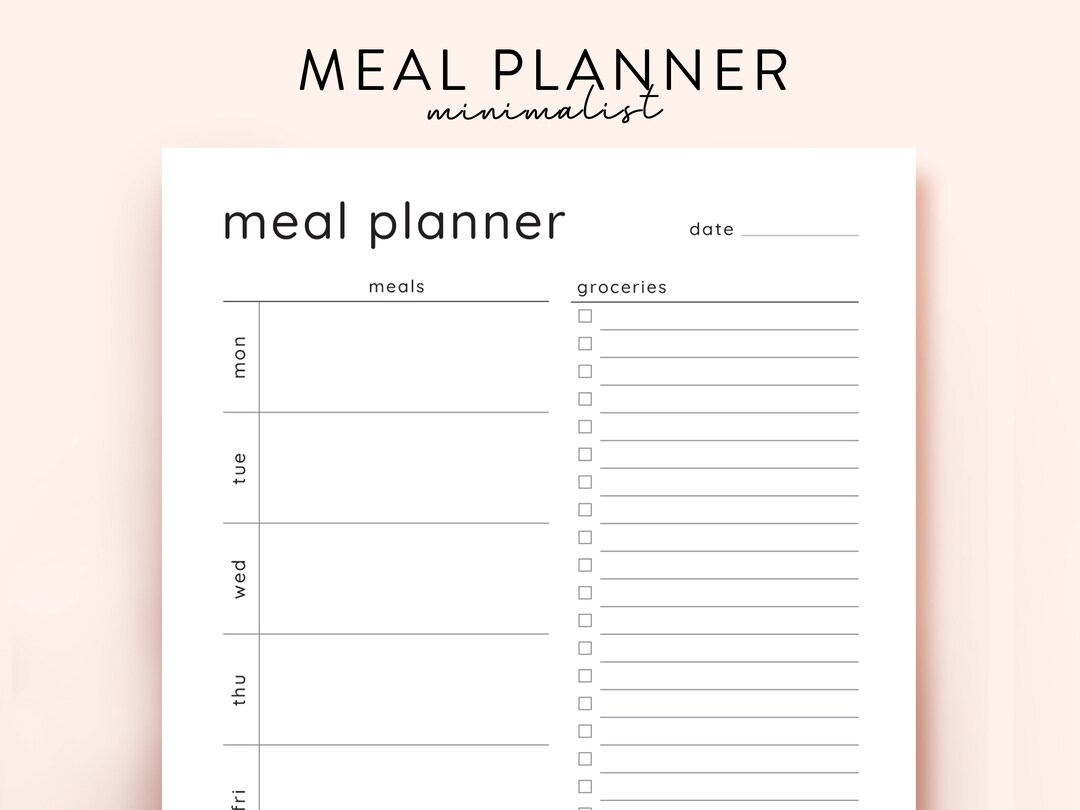 Printable Weekly Meal Planner Template With Grocery List, Minimalist 7 ...