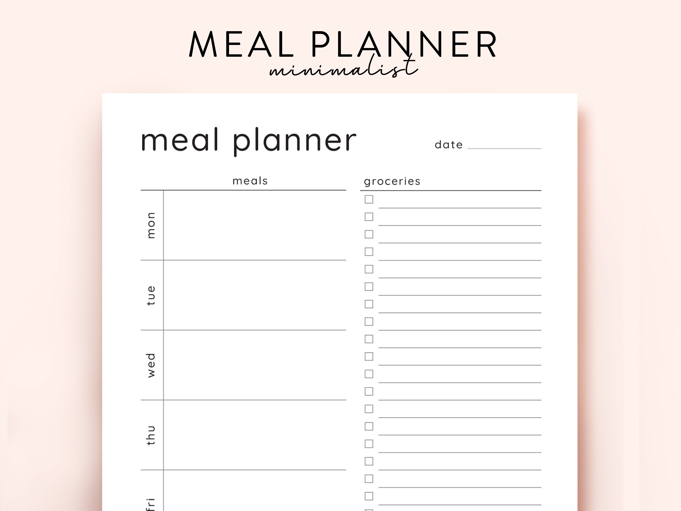 Printable Weekly Meal Planner Template With Grocery List, Minimalist 7 ...