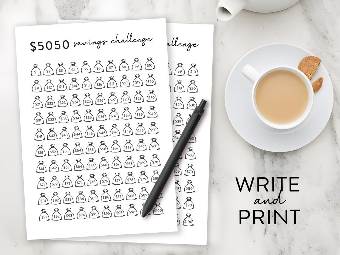 5050 Savings Challenge Printable, 100 Envelope Challenge Printable ...