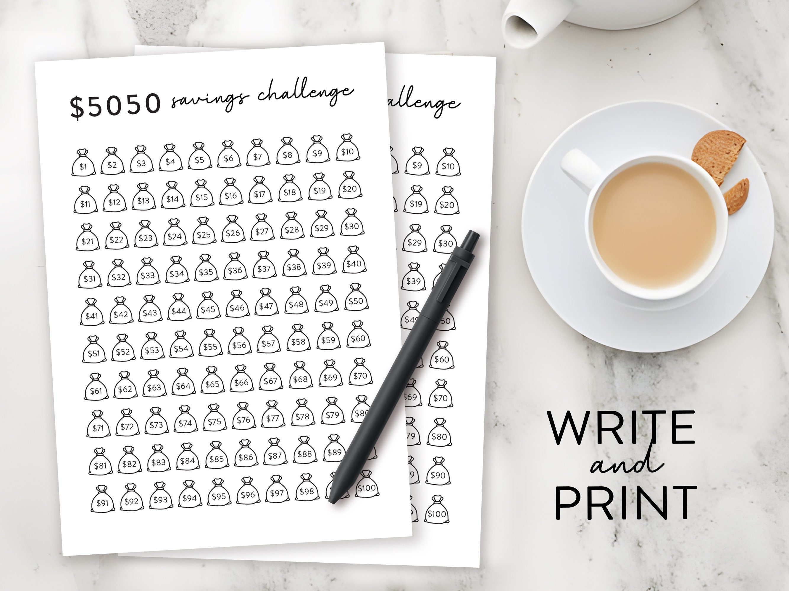 5050 Savings Challenge Printable, 100 Envelope Challenge Printable ...