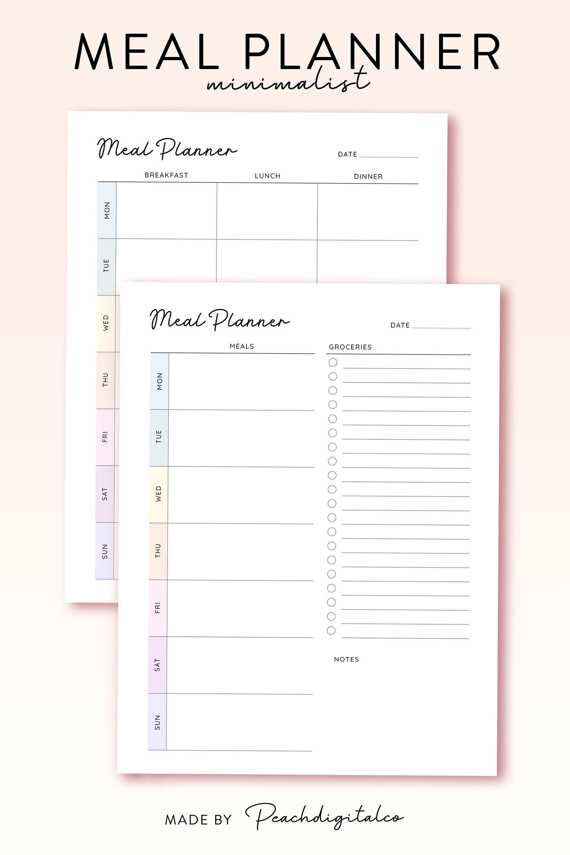 Minimalist Digital Weekly Meal Planner and Grocery List Template ...