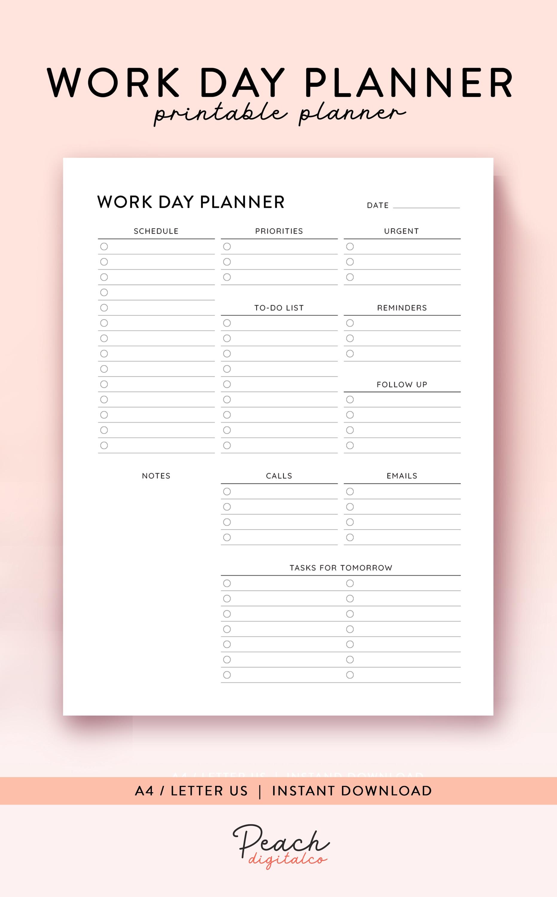 Work Day Planner Printable Work Planner Template, Work Day Organizer ...