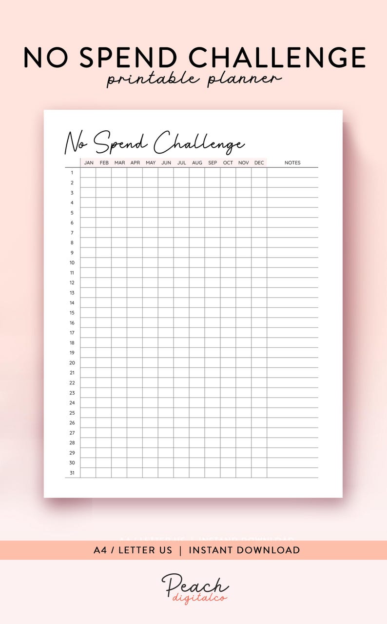 No Spending Tracker Printable, 30 Day No Spend Challenge Printable No ...