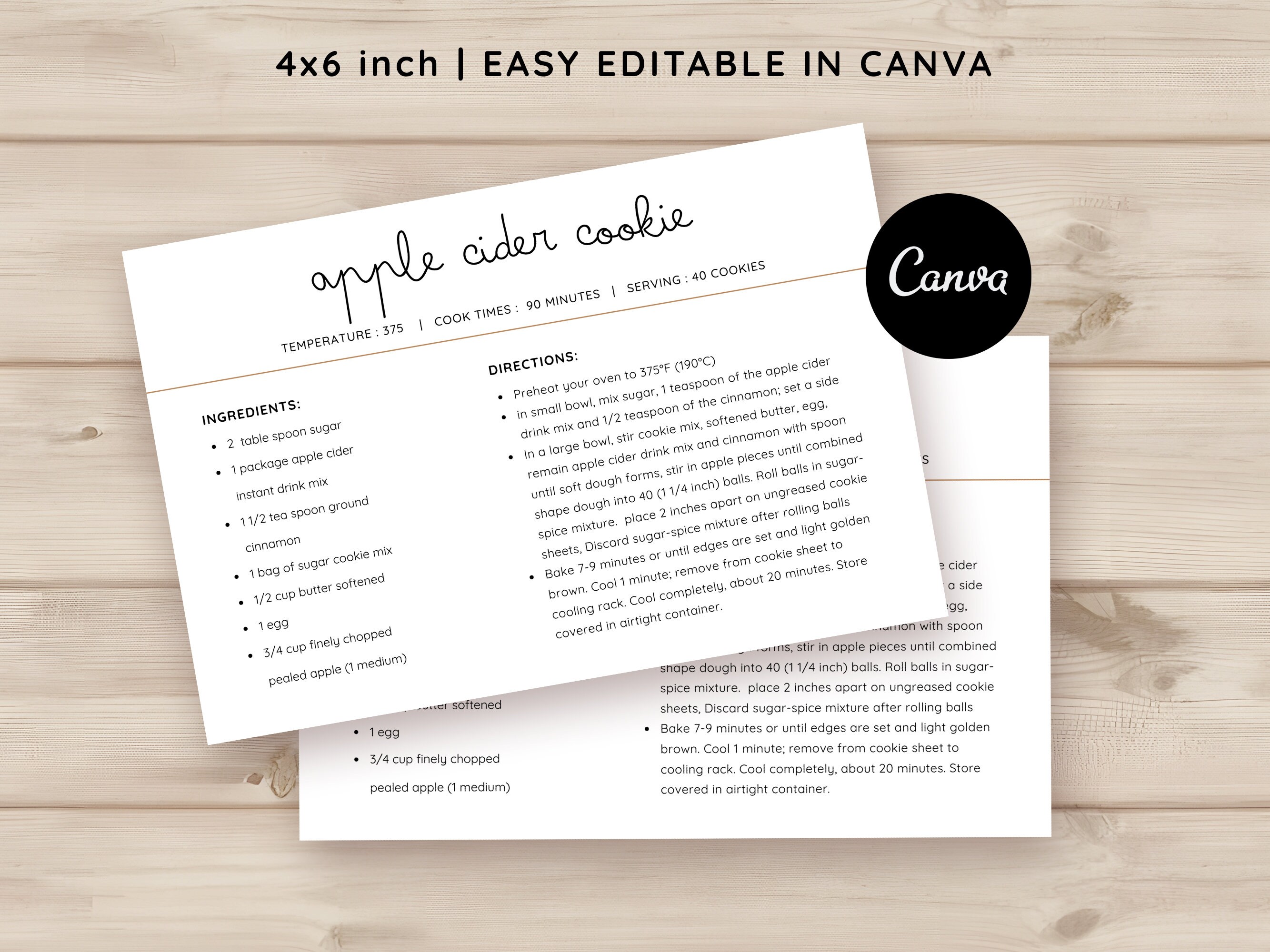 Editable Recipe Card Template Canva, Printable Recipe Card Canva ...