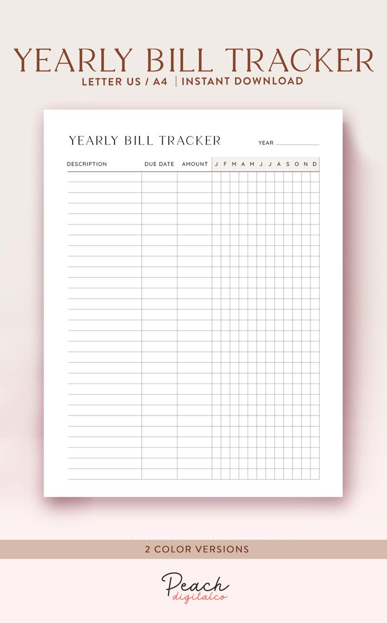 Yearly Bill Tracker, Financial Planner Printable, Monthly Bill Payment ...