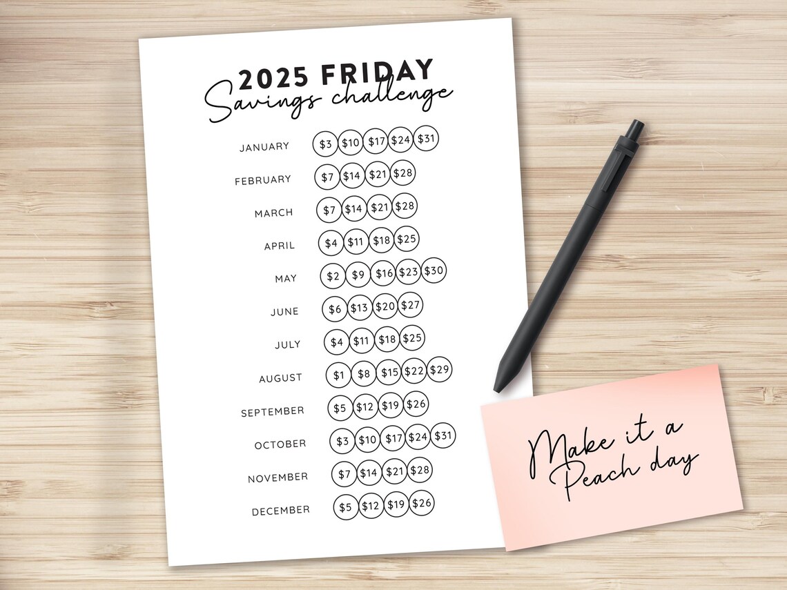 2025 Friday Savings Challenge Printable, Save 800 Challenge Monthly Low ...