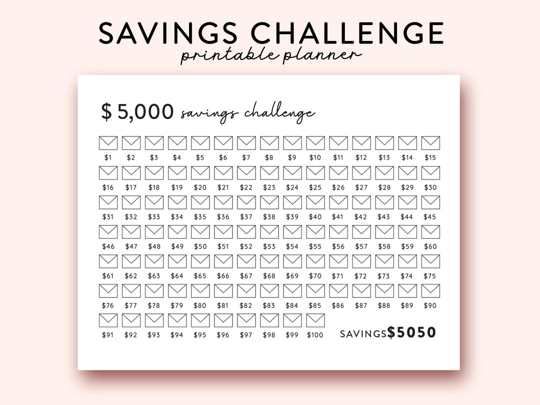 5000 Savings Challenge Printable Landscape, 100 Envelope Challenge ...
