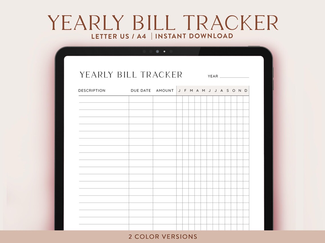 Yearly Bill Tracker, Financial Planner Printable, Monthly Bill Payment ...