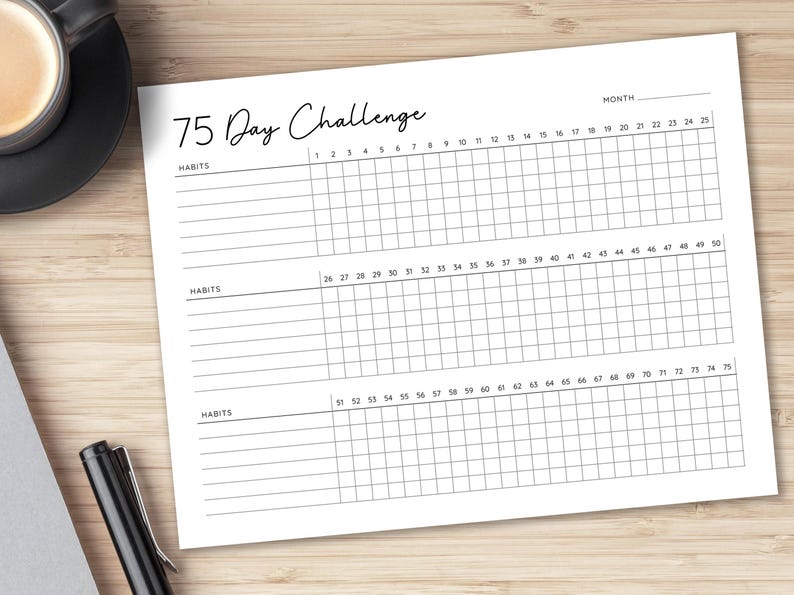75 Day Challenge Printable Landscape, Daily 75 Day Challenge Journal ...
