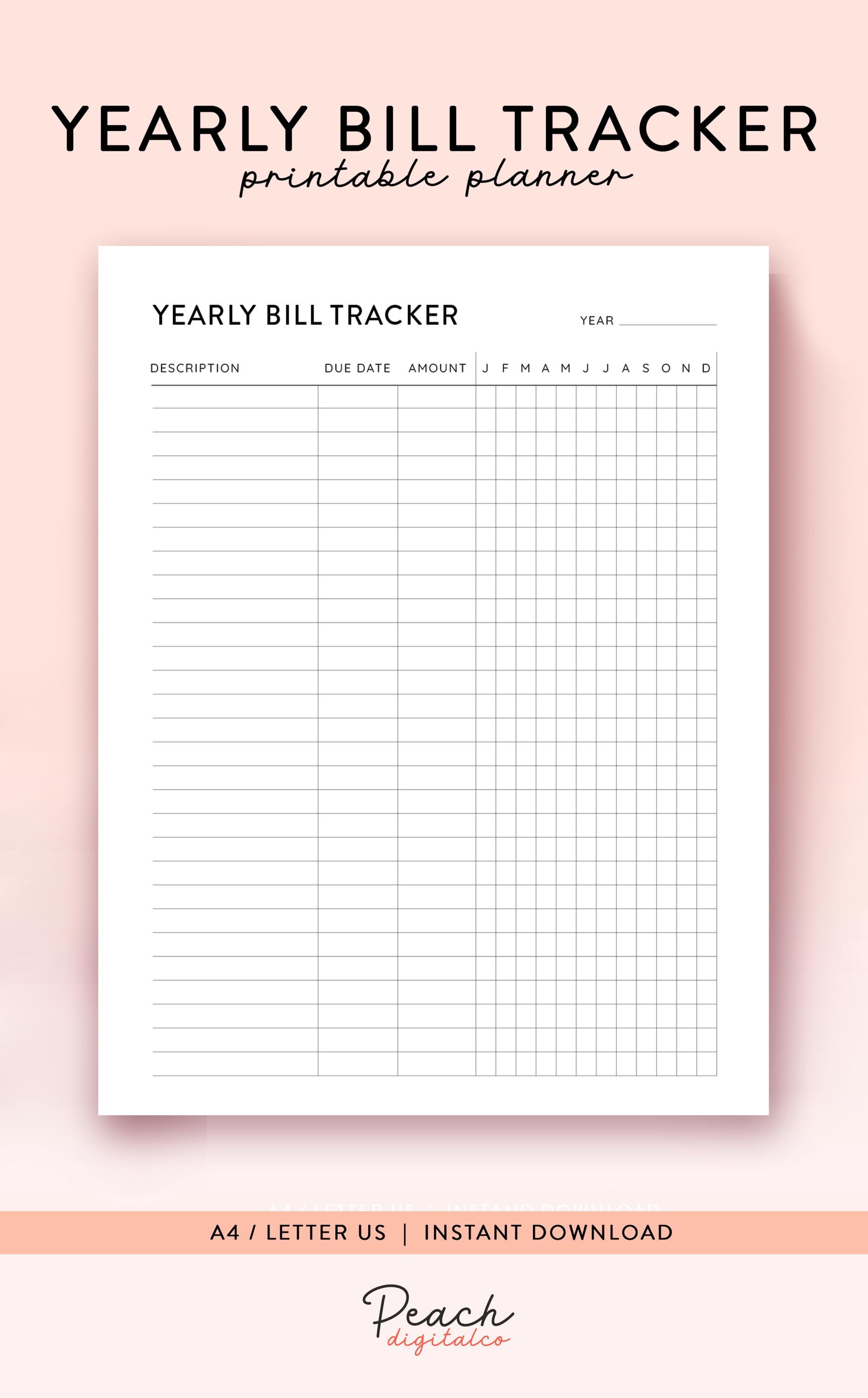Yearly Bill Tracker, Financial Planner Printable, Monthly Bill Payment ...
