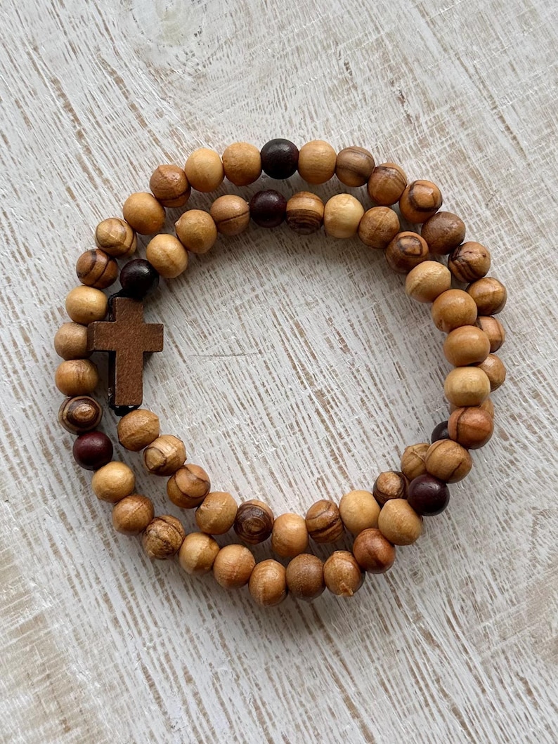 Catholic Rosary Bracelet Wooden Prayer Beads Elastic Wrist Handmade ...