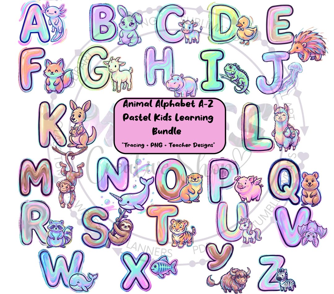 Alphabet Animals A-Z Bundle – Pastel PNG Clipart, Tracing Worksheets ...