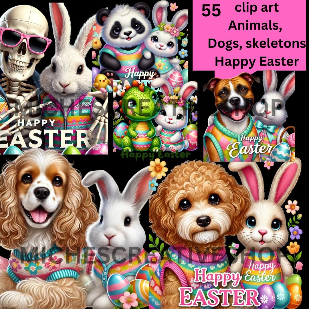 55 HAPPY EASTER BUNNY Clip Art Skeletons All Breeds of Dogs and Animals ...