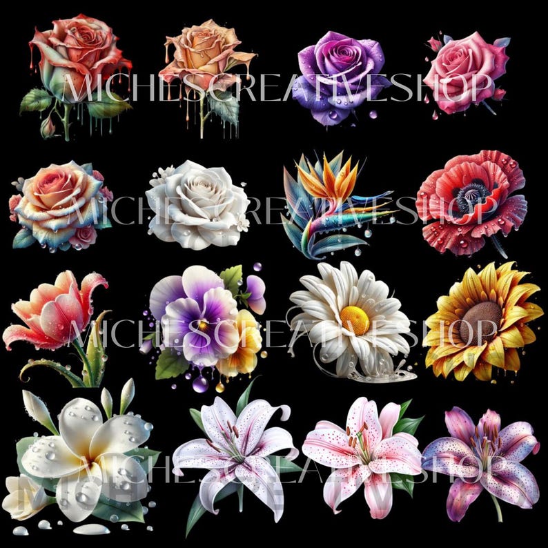 60 Flower Clip Art Bundle Set: Daffodils, Roses, Sunflowers, Tulips ...