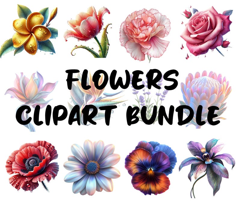 60 Flower Clip Art Bundle Set: Daffodils, Roses, Sunflowers, Tulips ...
