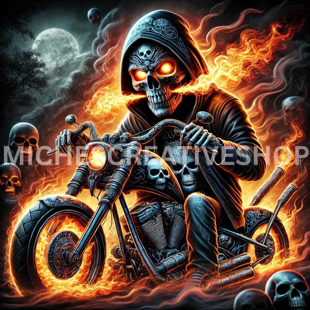 SKELETON MOTORBIKE FLAMES Hip Hop so Cool Skeleton Skull Design Great ...