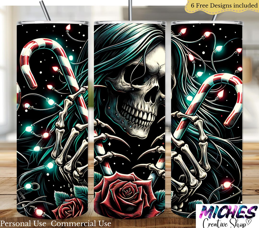 Gothic Skeleton Chick Tumbler Wrap: Rose & Candy Cane Floral (digital ...