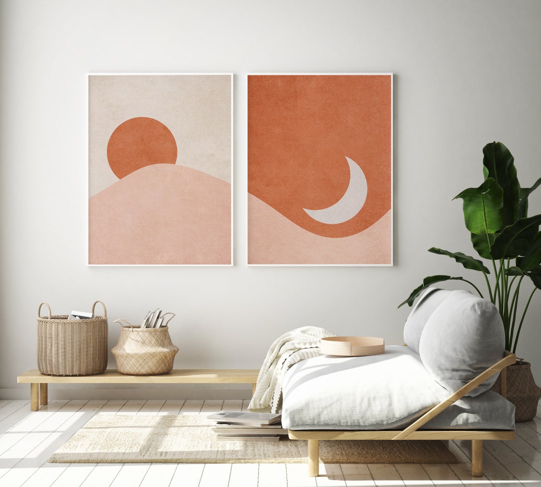 Set of Sun and Moon Posters, Sun and Moon Wall Art, Abstract Boho Wall ...