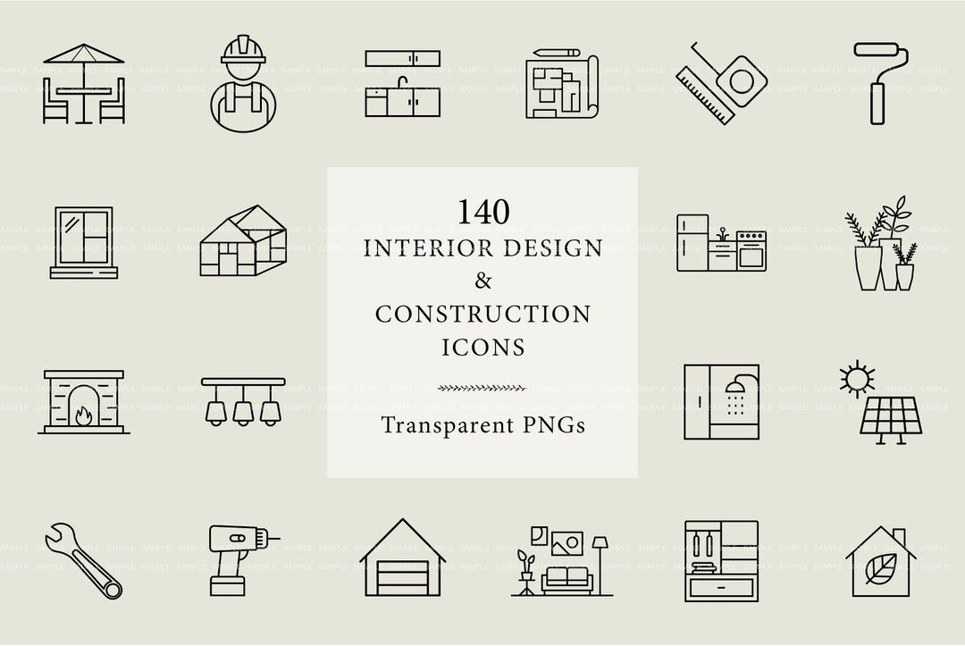 140 Interior Design Icons on Transparent Backgrounds, Real Estate Agent ...