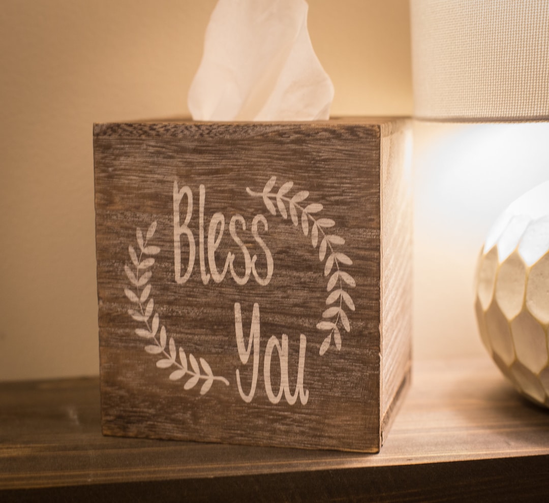 Bless You Wood Tissue Box Cover Square Rustic Holder With Slide-out ...