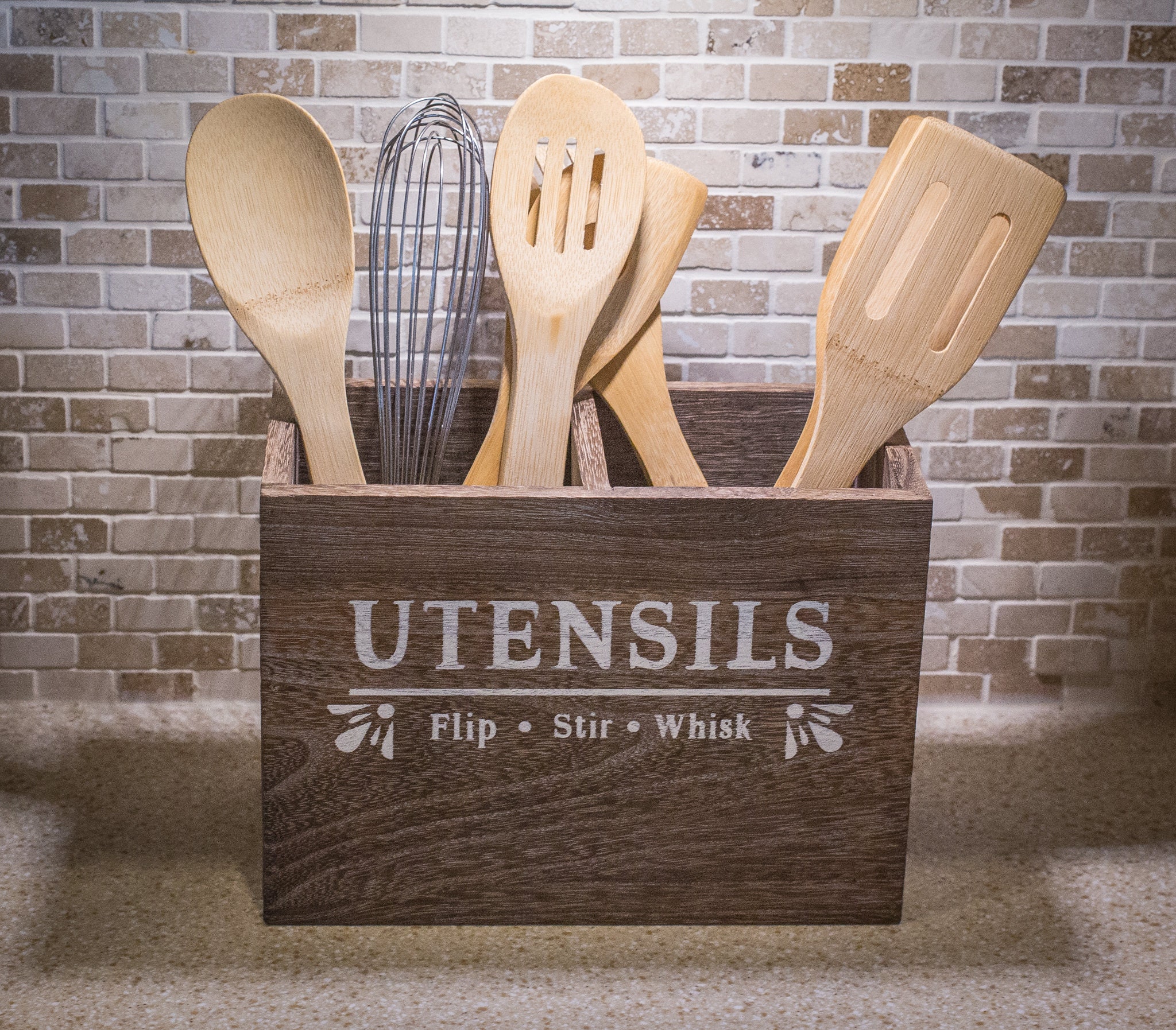 Wood Double Utensil Holder With Painted Design and Slide Out Bottom ...
