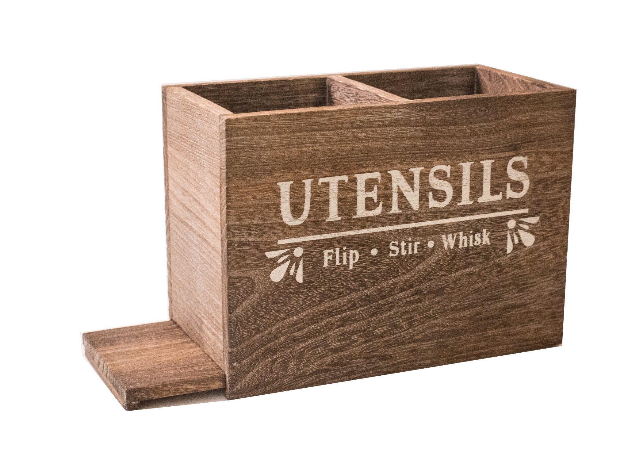 Wood Double Utensil Holder With Painted Design and Slide Out Bottom ...