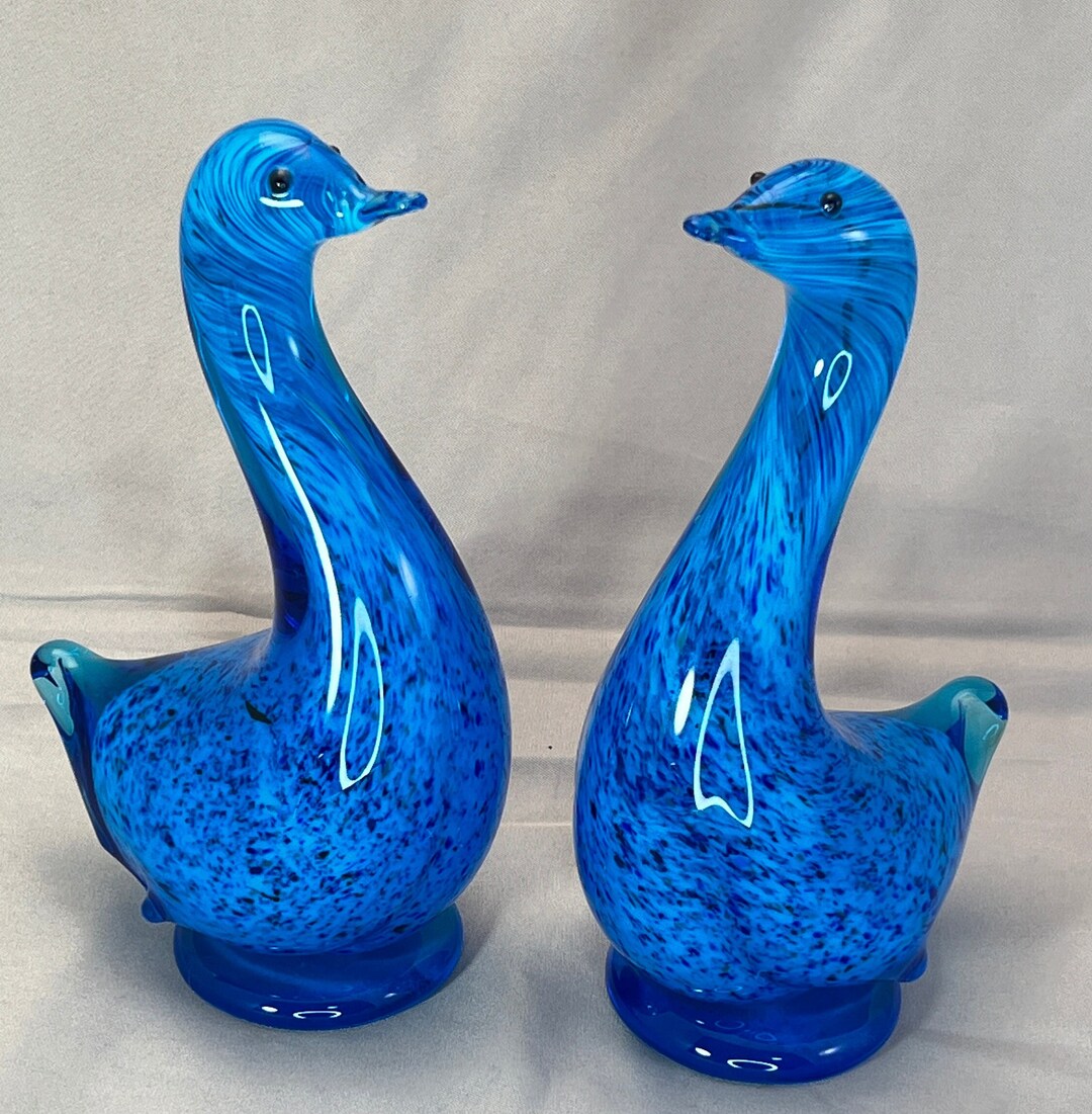 Altaglass Duck/swan PAIR Cobalt Blue With White Spatter Glass Interior ...
