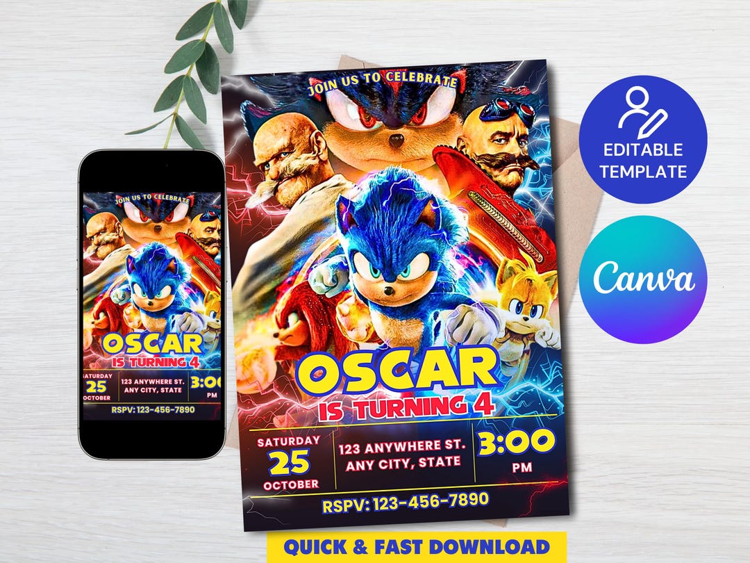 Sonic 3 Birthday Invitation, Super Hedgehog Boys Party Invite, Super ...