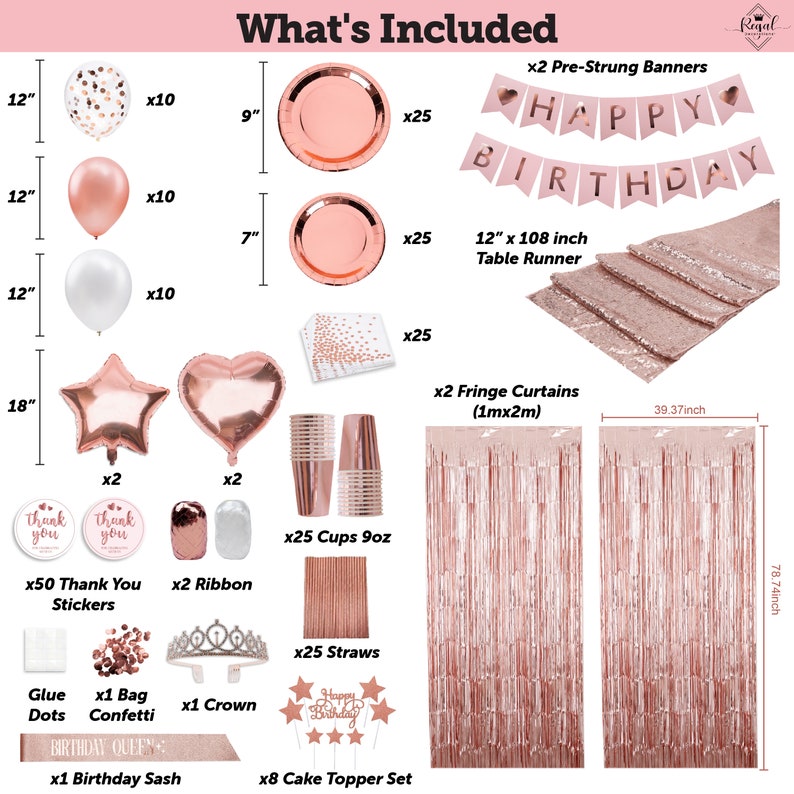 225PC Rose Gold Birthday Party Decorations Kit for Girls, Teens, Women ...