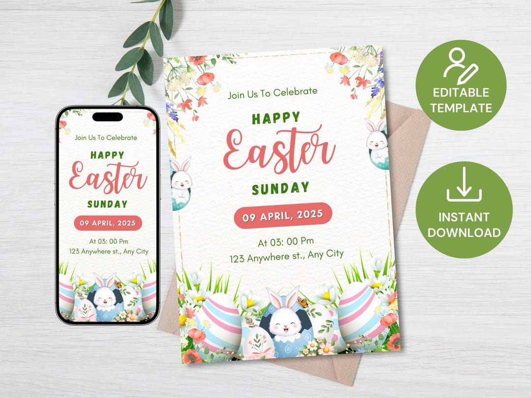 Editable Floral Easter Brunch Invitation, Easter Dinner Invite, Boho ...
