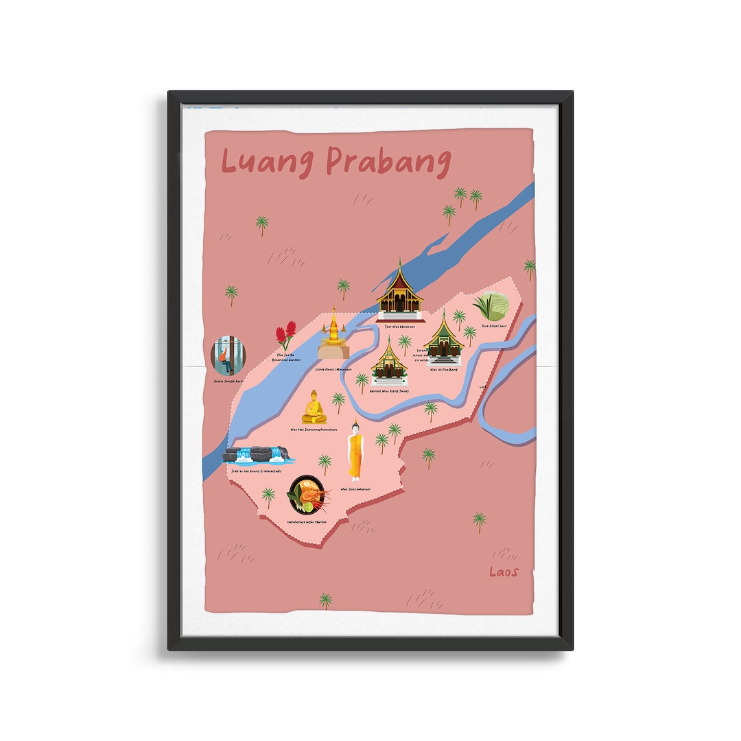 Luang Prabang, Laos Illustrated Map Art Print, Country Map Poster ...