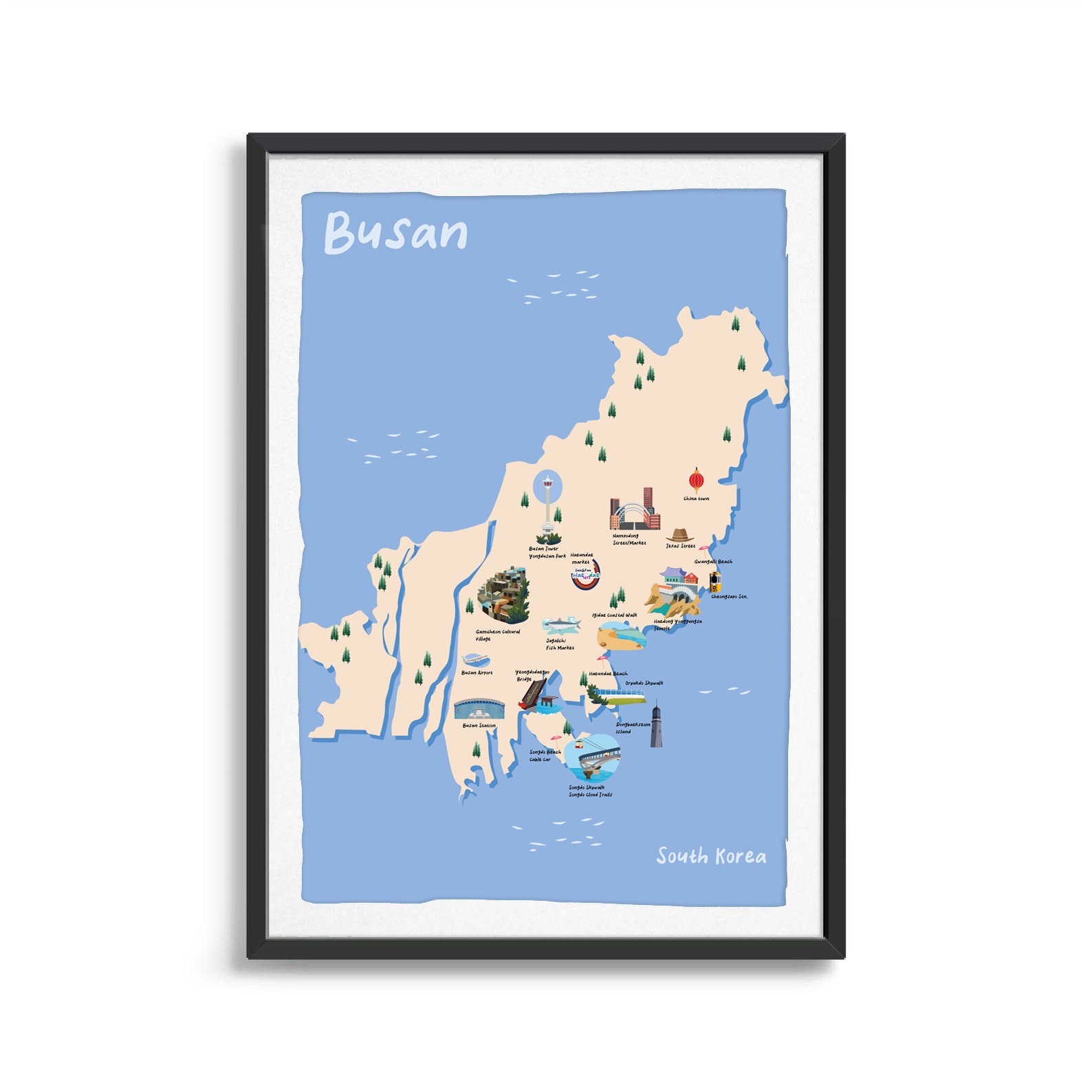 Busan South Korea Illustrated Map Art Print Country Map - Etsy