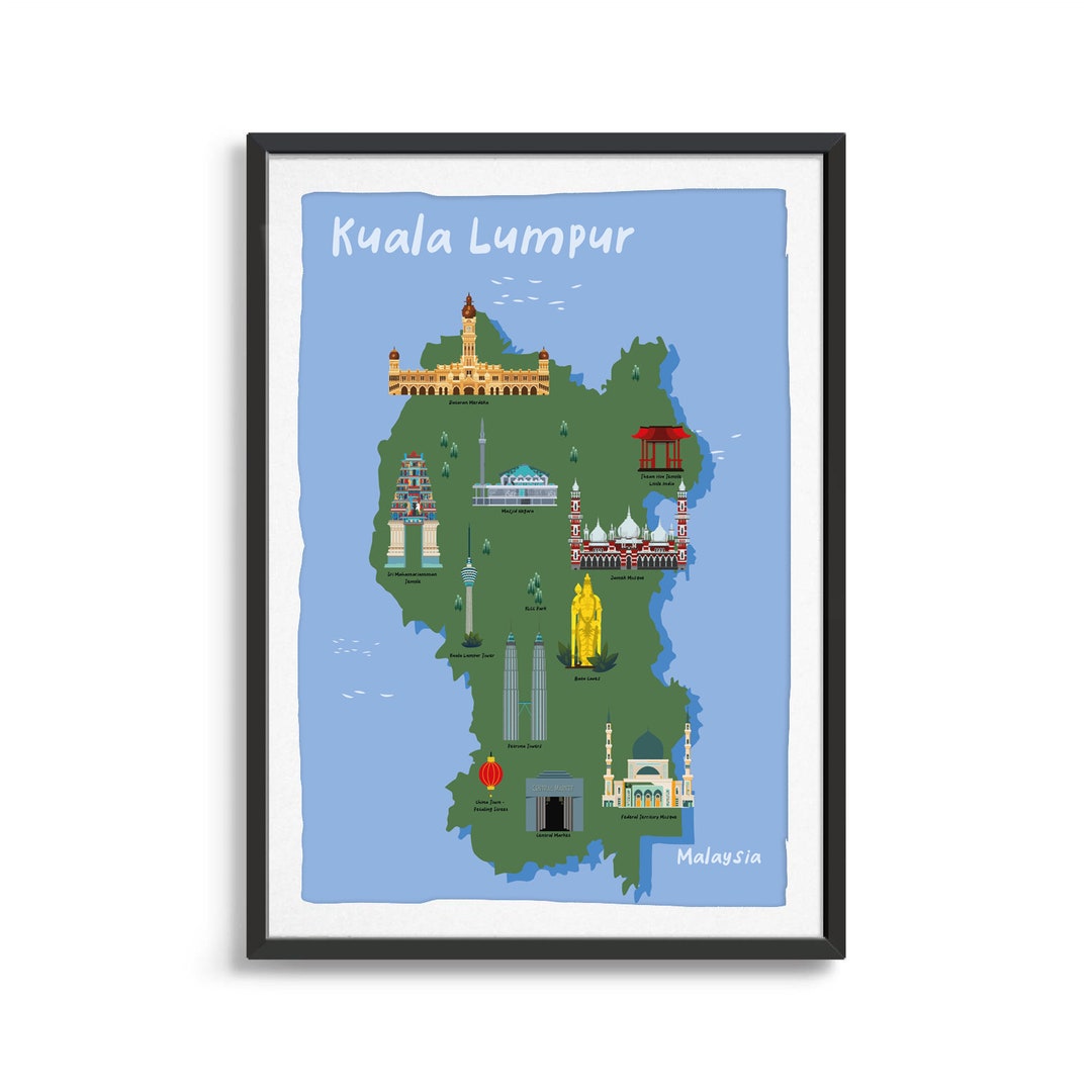 Kuala Lumpur Illustrated Map Art Print, Malaysia Travel Poster (digital ...