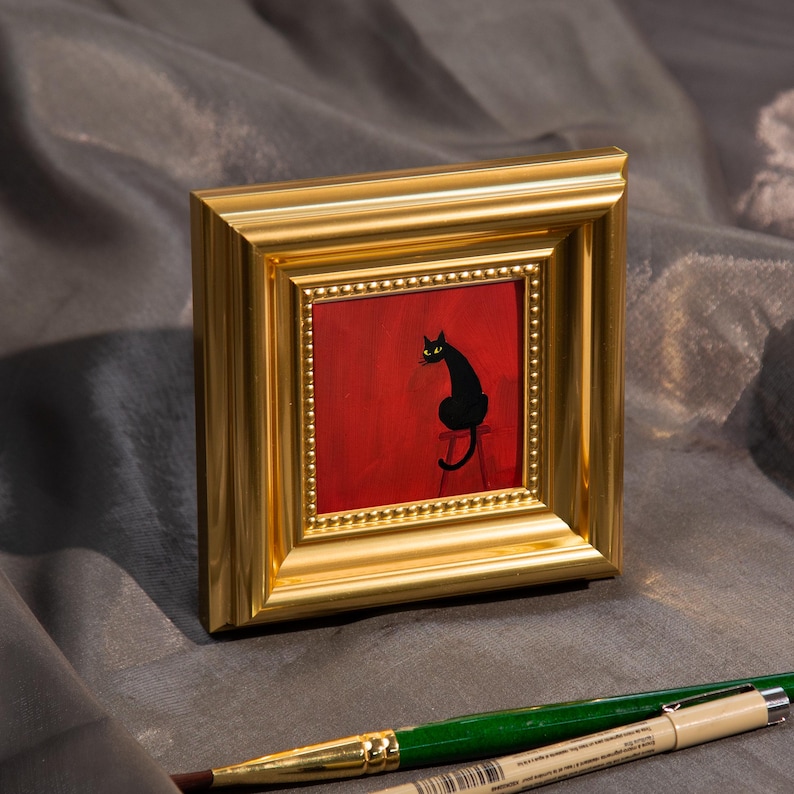 Black Cat on Red, Mini Hand Painted Oil Painting on Canvas,cute Cat Art ...