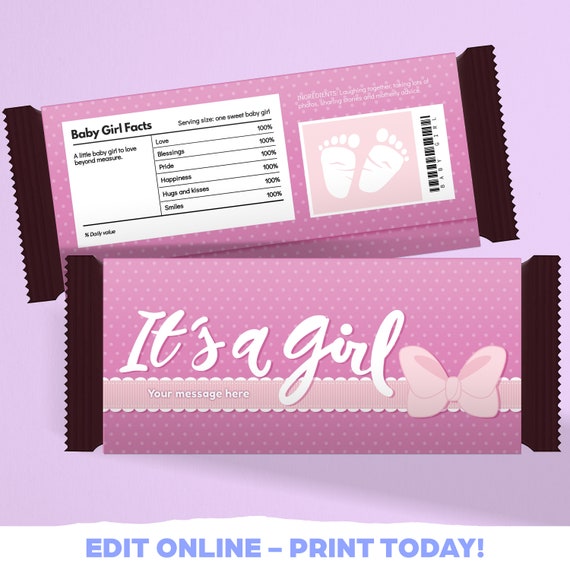 It's a Girl Chocolate Wrapper. Baby Shower Party Favour Template for ...