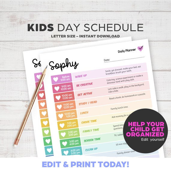 Daily Planner for Kids / Day Hourly Schedule - Editable template. by ...