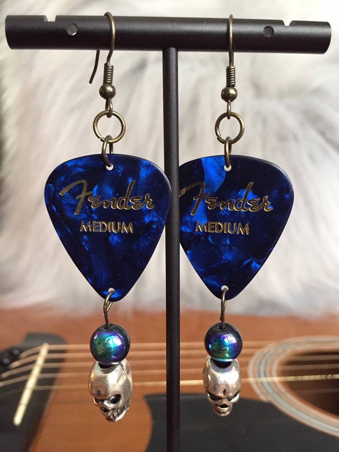 Fender Guitar Pick Blue/Black w/Skulls Earrings - Etsy Österreich