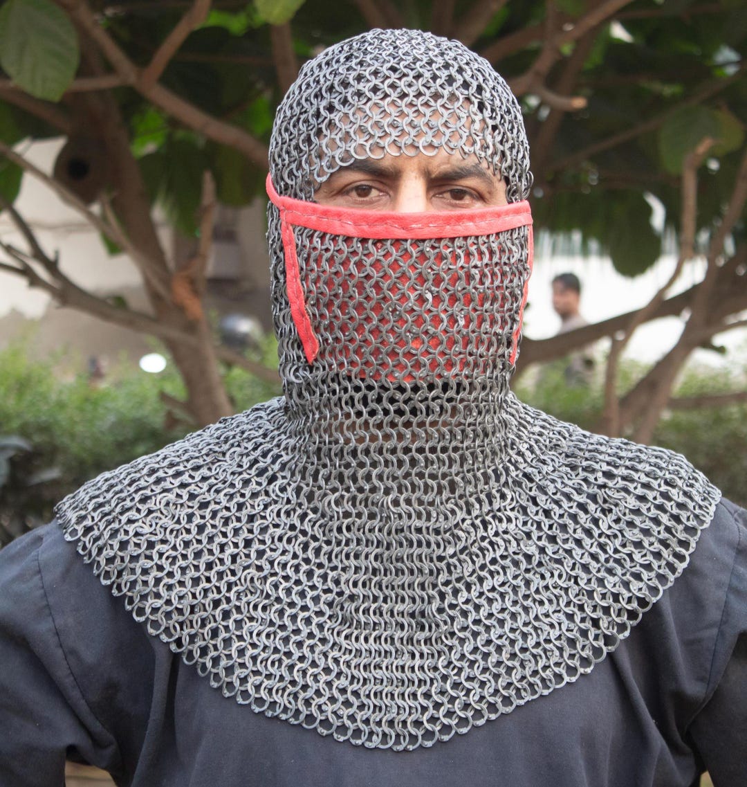 Darkened Aluminium Chainmail Hood Medieval Armour Coif With Leather ...
