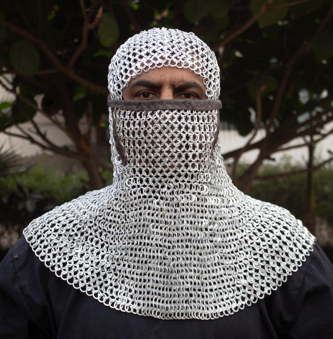 Chainmail Hood / Coif With Mask Lather Attached 10MM Dome Riveted Flat ...