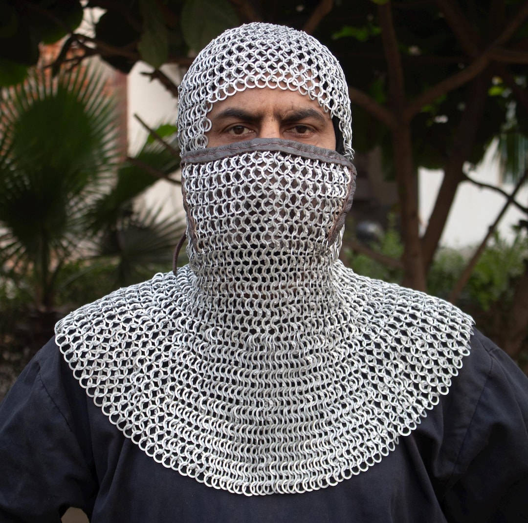 Chainmail Hood / Coif With Mask Lather Attached 10MM Dome Riveted Flat ...