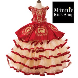 Red Charro Dress for Girls With Gold Embroidery Embellished With ...