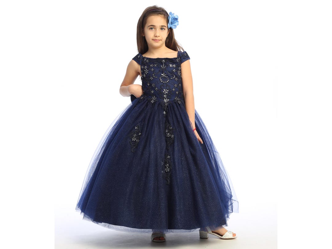 Navy Blue Embroidered A Line Dress for Girls With Light Glittered Tulle ...