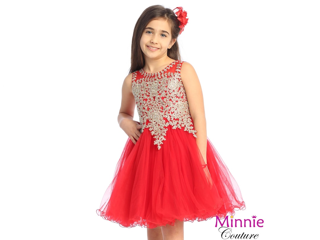 Red Tulle Short Flower Girl Dress With Gold Embroidered Bodice - Etsy