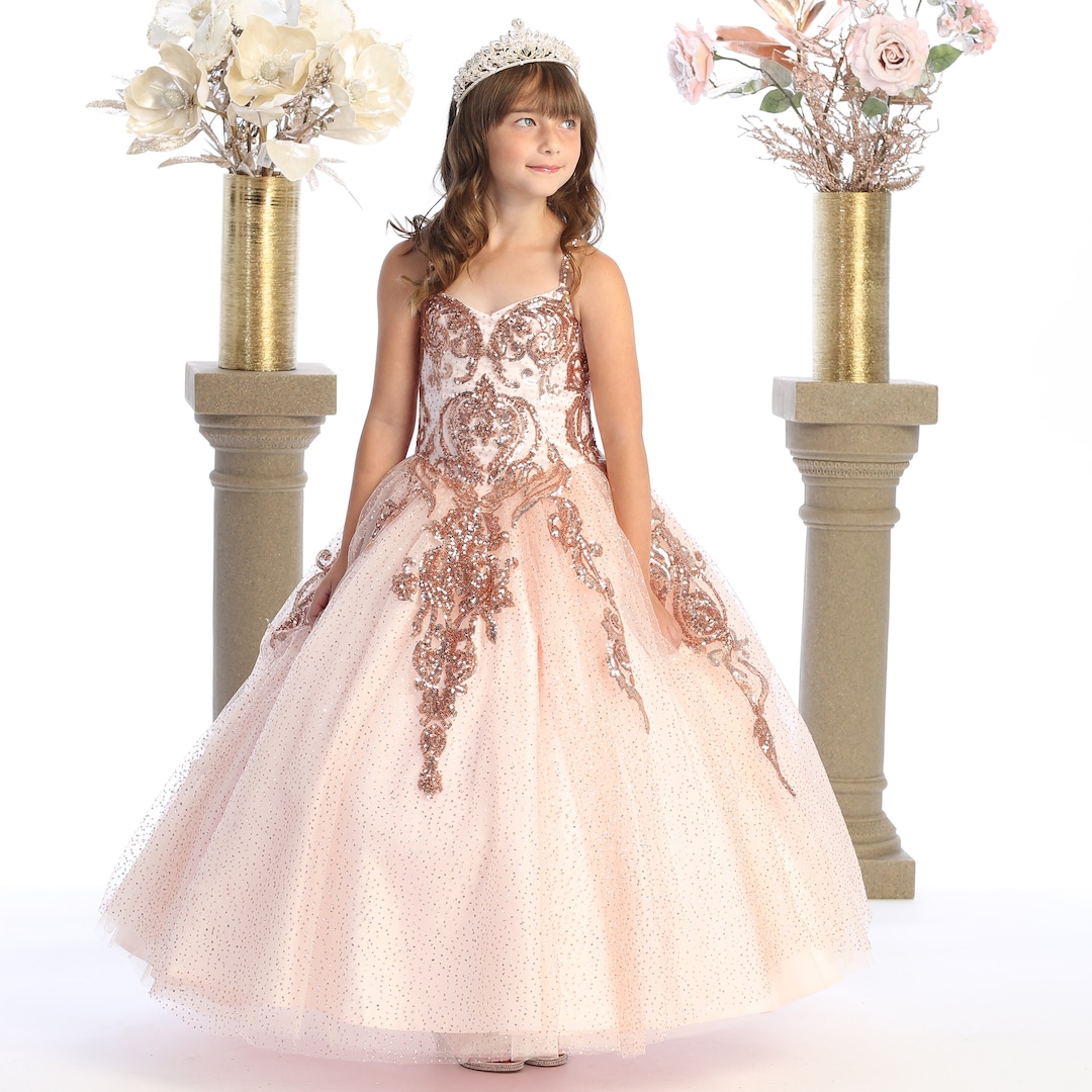 Blush Glitter Dress With Gold Rose Sequins for Pageants and Special ...