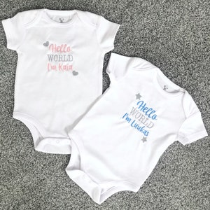 Personalised Hello World Baby Girl Embroidered Design Bodysuit Onesie ...
