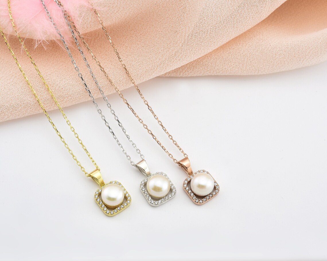 Square Pearl Necklace, 18K White Pearl Pendant , Delicate Square Pearl ...